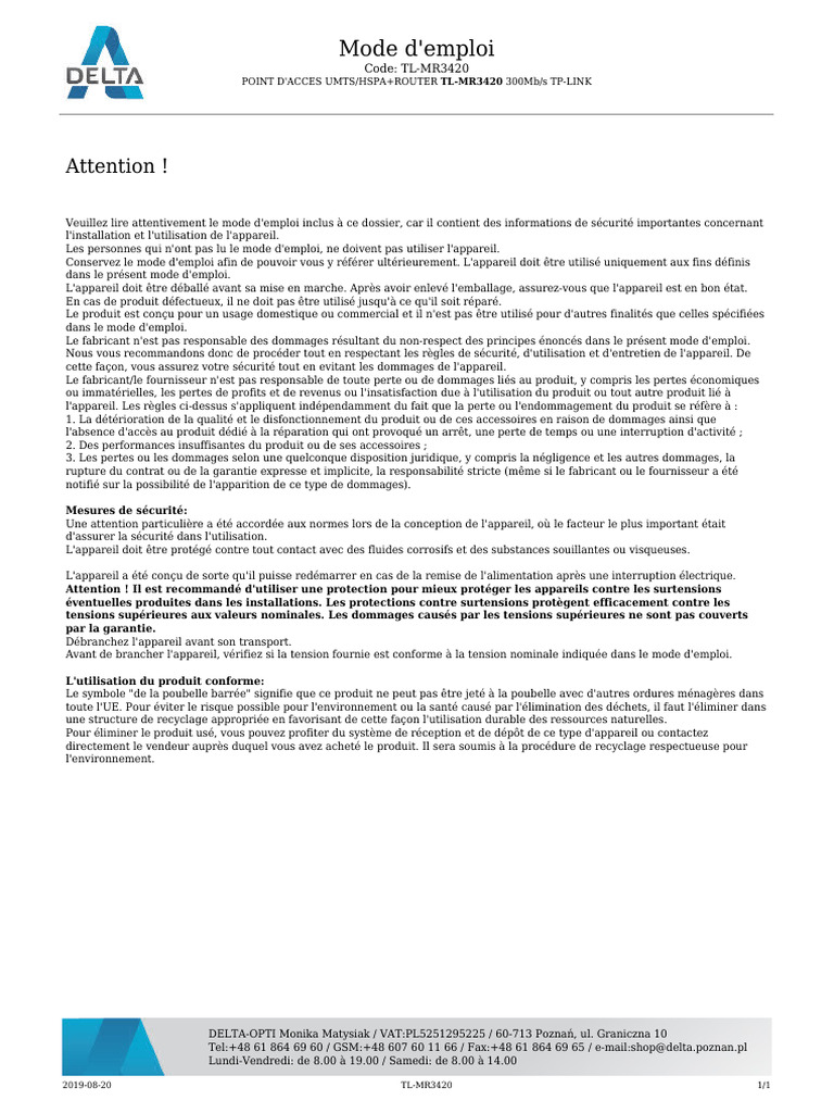 Delta Opti Instruction TL MR3420 | PDF