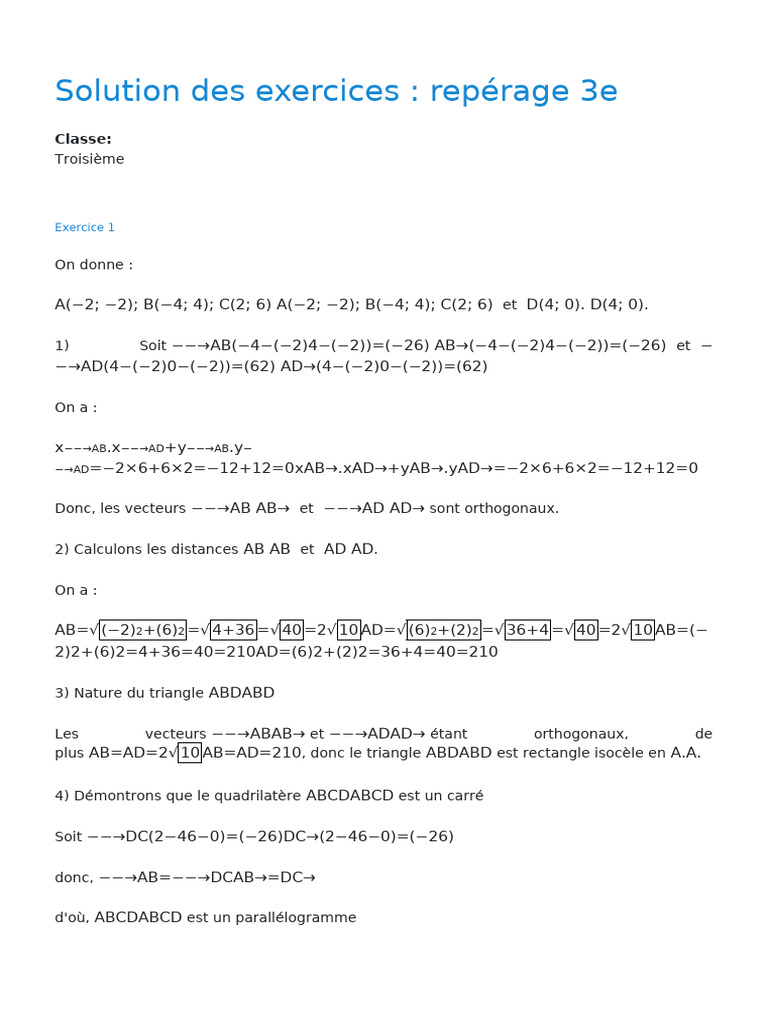 Solution Des Exercices Repérage | PDF