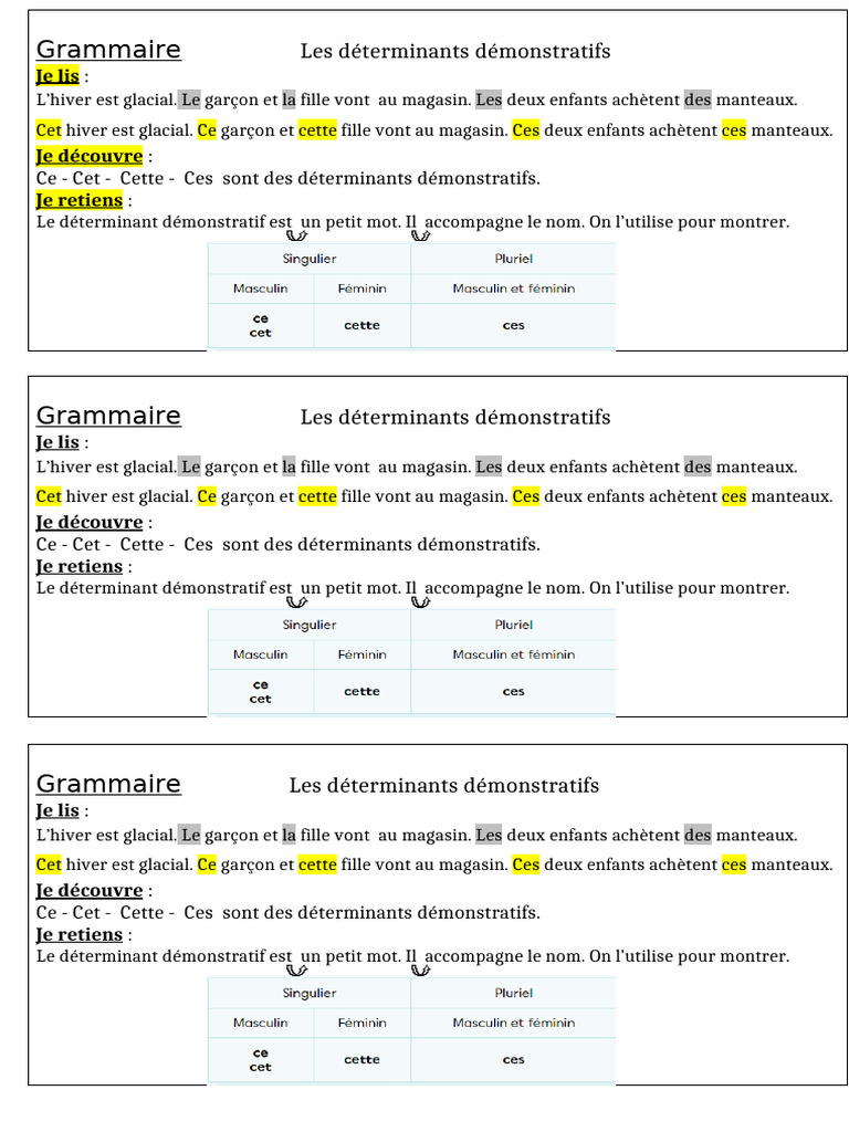 Grammaire Les déterminants démonstratifs leçon 4AP 2023 | PDF