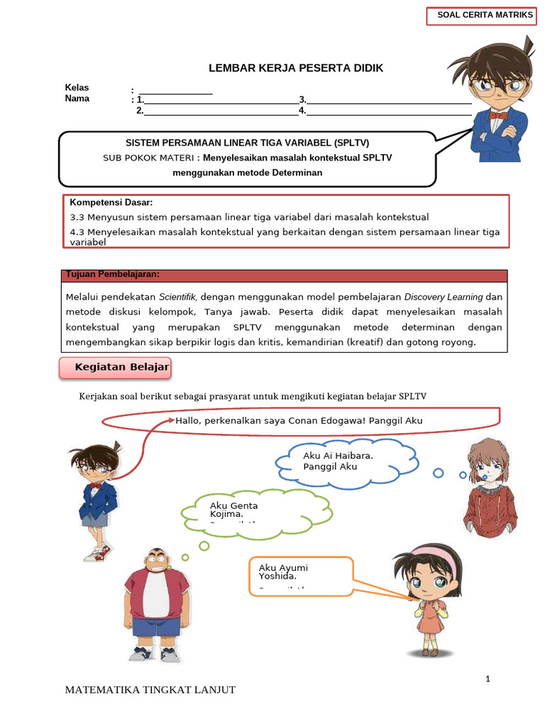 LKPD SPLTV Matriks | PDF