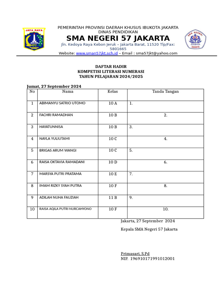 Daftar Hadir Pendampingan Peserta Kompetisi Litnum | PDF