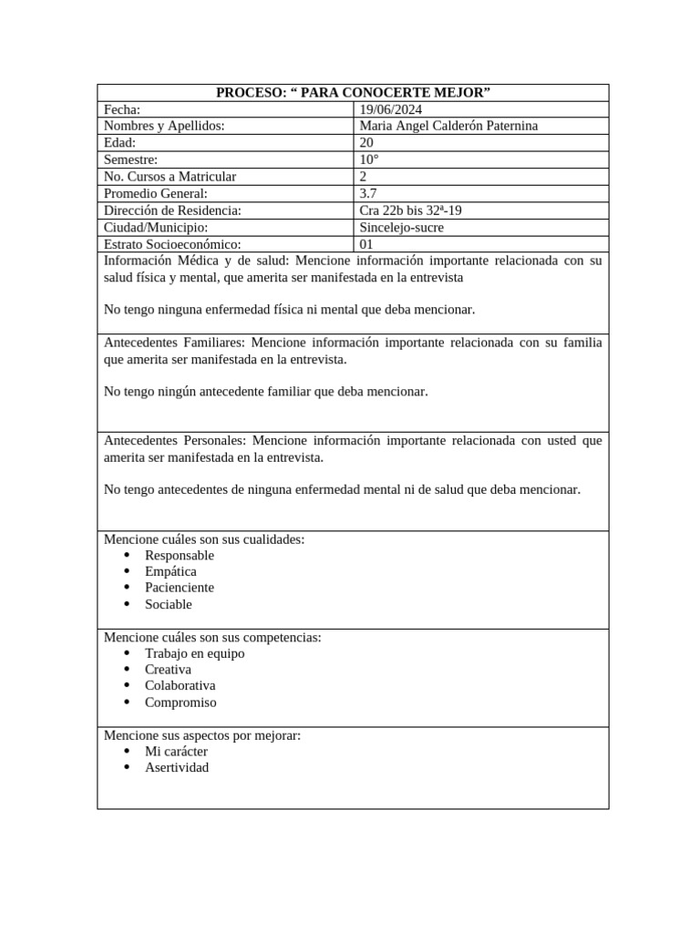 FORMATO PARA CONOCERTE MEJOR Practica Dos | PDF