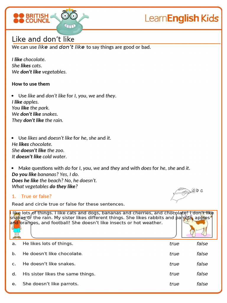 Grammar Practice Like and Dont Like Worksheet | PDF