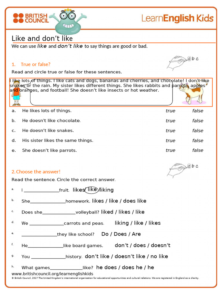 Grammar Practice Like and Dont Like Worksheet | PDF