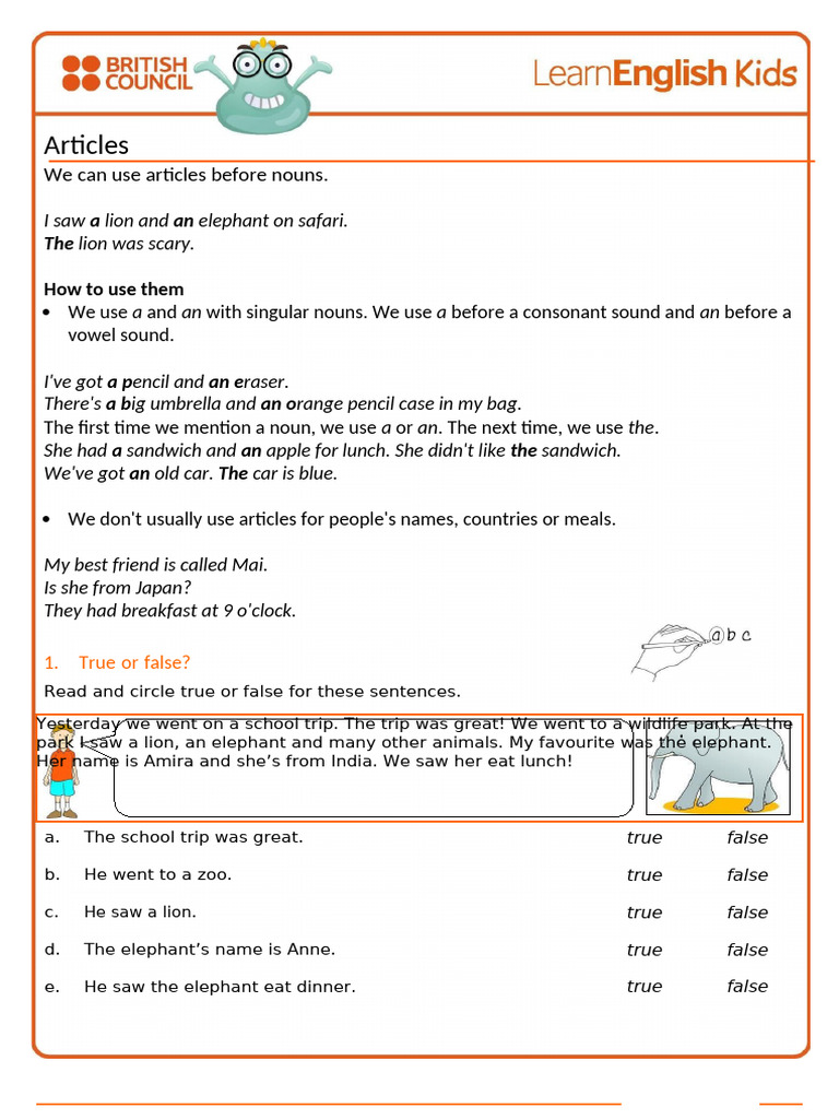 Grammar Practice Articles Worksheet | PDF
