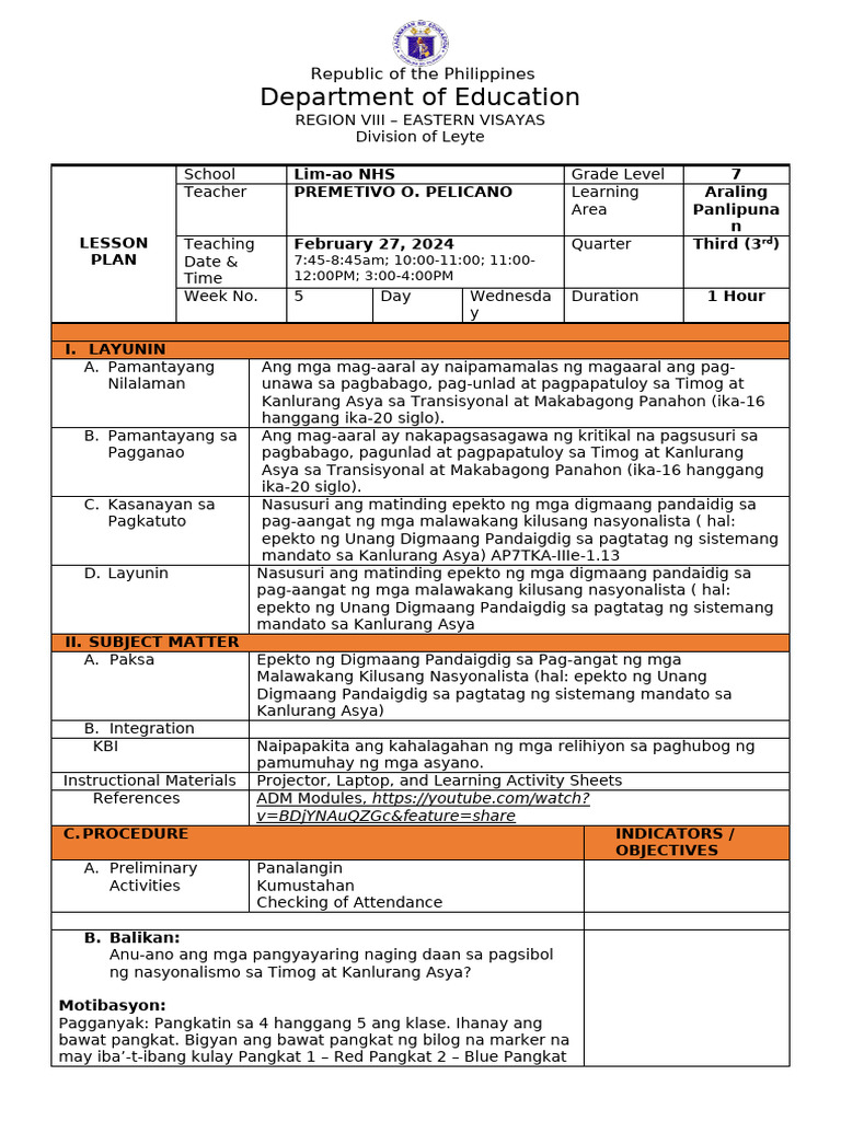 Lesson Plan in Ap 7 Feb 27 | PDF