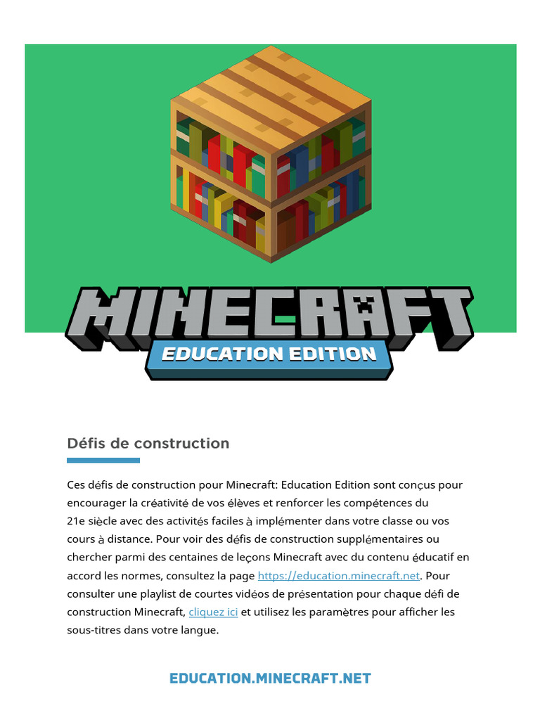 Défis de Construction Minecraft Education Edition Build Challenges FR ...