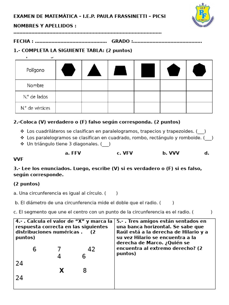EXAMEN DE MATEMATICA | PDF