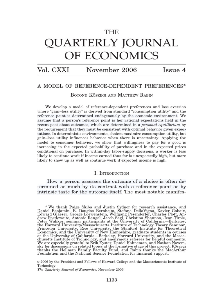 Kőszegi and Rabin - 2006 - A Model of Reference-Dependent Preferences | PDF