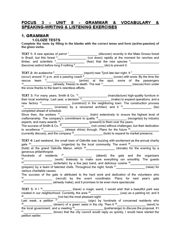 Focus 3-Unit 8 - Summative Exercises | PDF