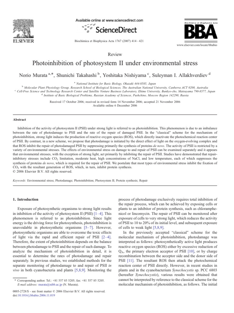 Photoinhibition of photosystem II under environmental stress | PDF