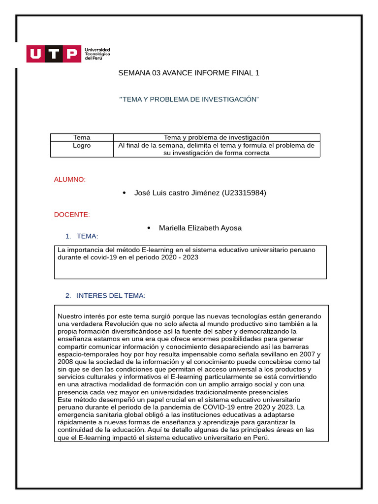 Semana 03 Avance Informe Final 1 | PDF | Enseñando | Educación a distancia