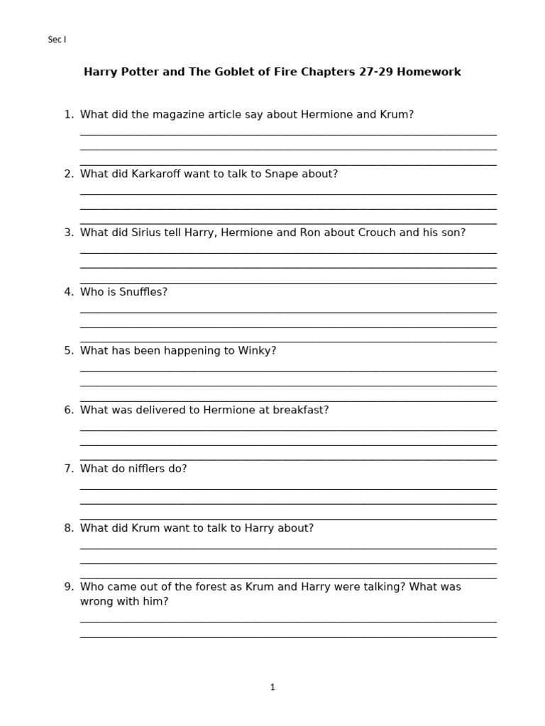 Harry Potter and The Goblet of Fire Chapters 27-29 Homework | PDF