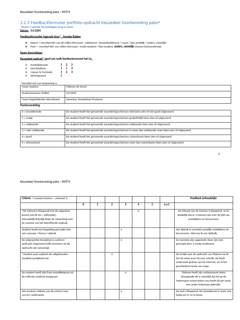 Feedback Formulier PABO 1 AK1 | PDF