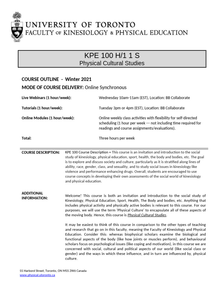 KPE 100H1 2021 Syllabus | PDF