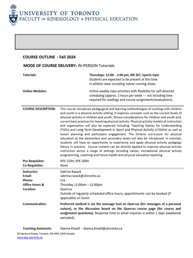 KPE 340 F Course Outline 2024 - v3 - Revised | PDF | Lesson Plan | Plagiarism