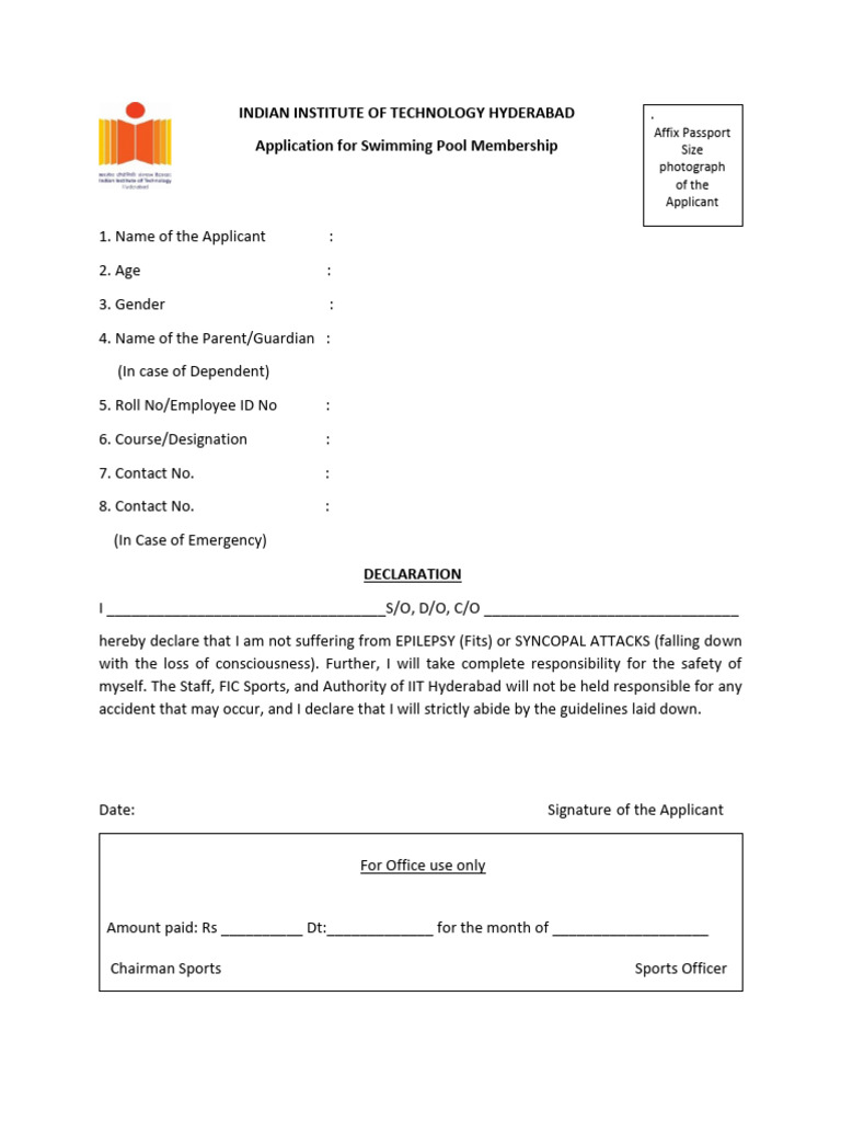 Application Form For Swimming IITH | PDF