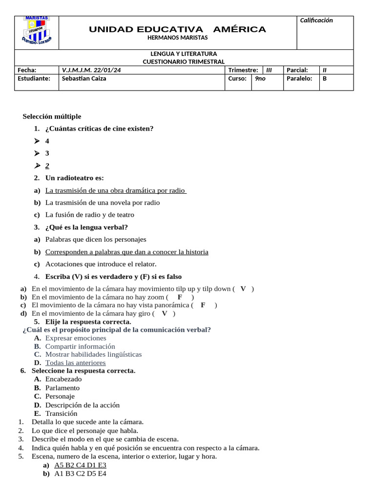 CUESTIONARIO TRIMESTRAL 9no B | PDF