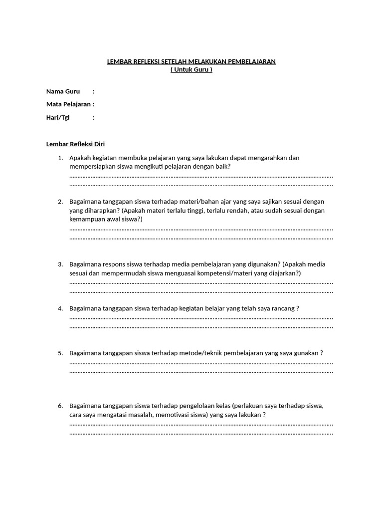 Contoh Lembar Refleksi Guru | PDF