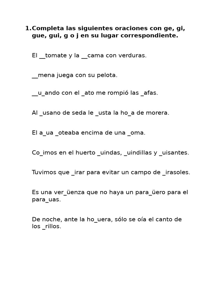 Completa Las Siguientes Oraciones Con G y J | PDF Completa Las Siguientes Oraciones Con G y J | PDF