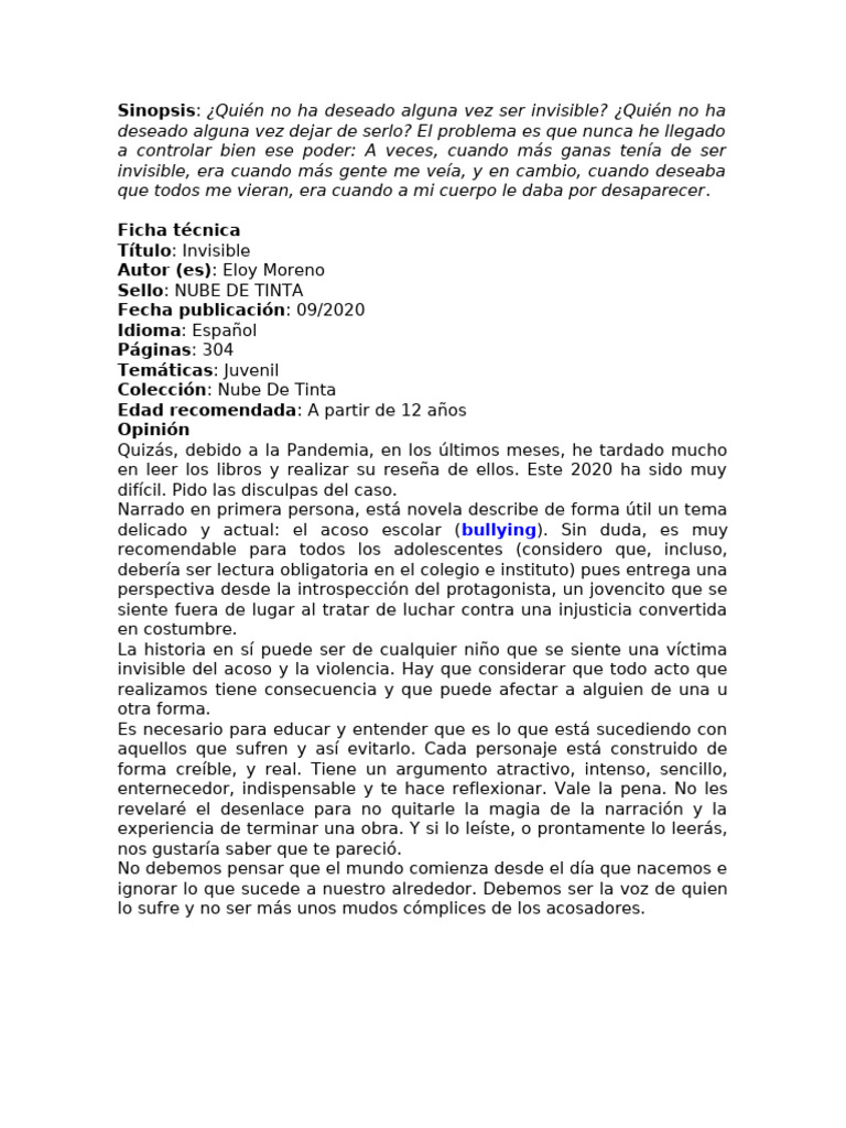 Invisible: Novela sobre el bullying juvenil | PDF