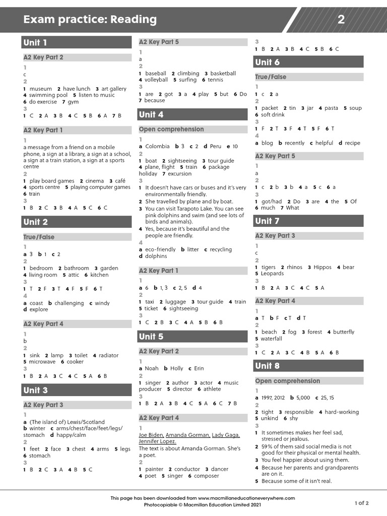 Level2 Exam Practice Reading Answer Key | PDF
