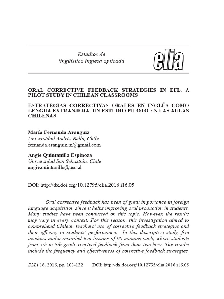 Oral Corrective Feedback Strategies in EFL A Pilot Study in Chilean ...