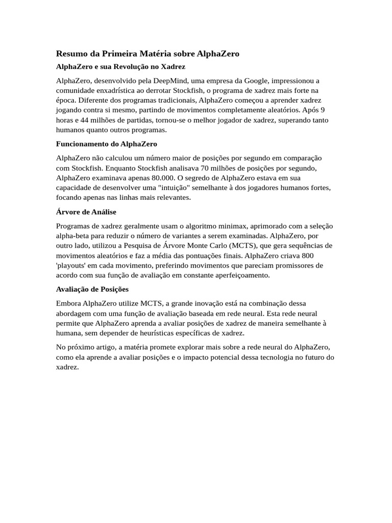 Resumo Da Primeira Matéria Sobre AlphaZero | PDF