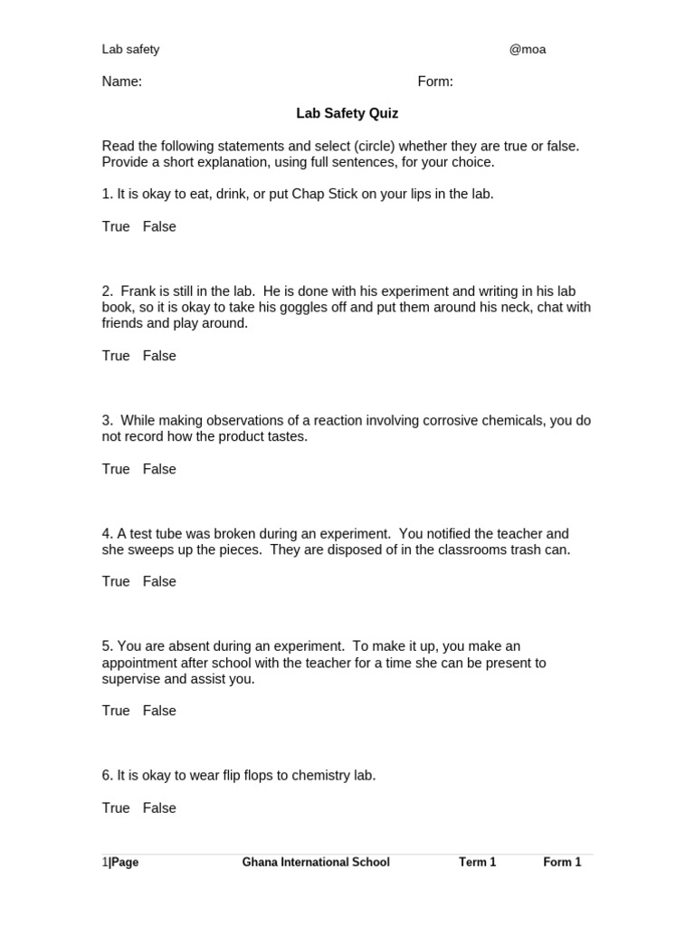 Lab Safety Quiz (1) | PDF