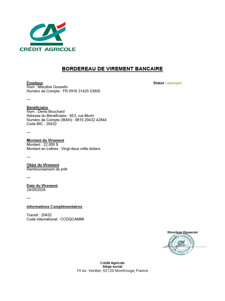 Bordereau de Virement Bancaire | PDF