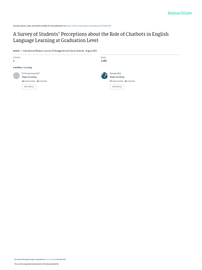 A Survey of Students' Perceptions About The Role of Chatbots in English ...