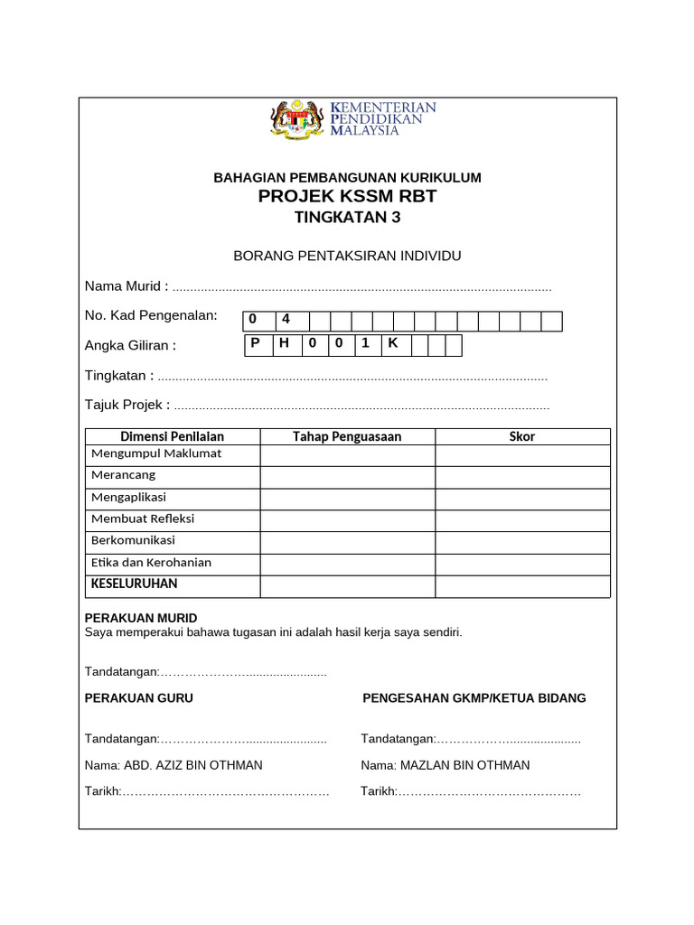Dokumentasi Kerja Projek KSSM RBT PT3 | PDF