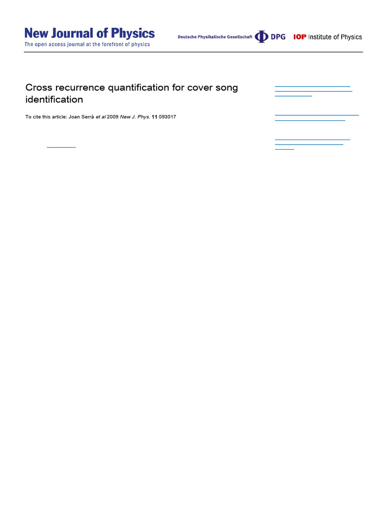 2009 Cross Recurrence Quantification For Cover Song Identification Pdf