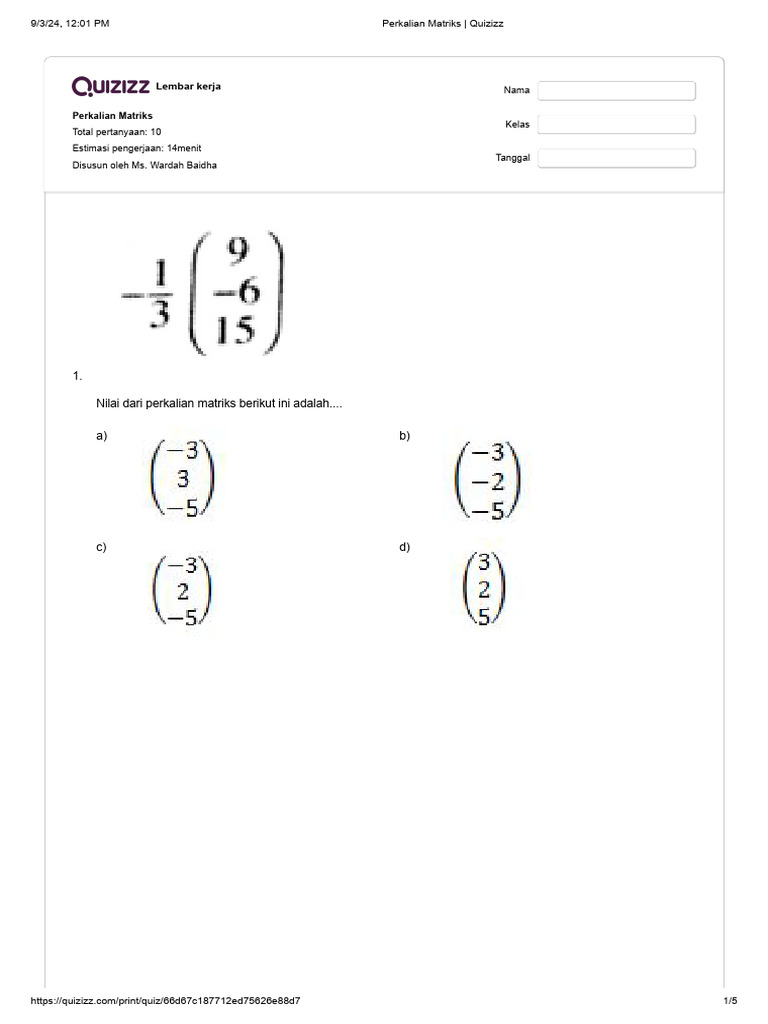 Perkalian Matriks - Quizizz | PDF