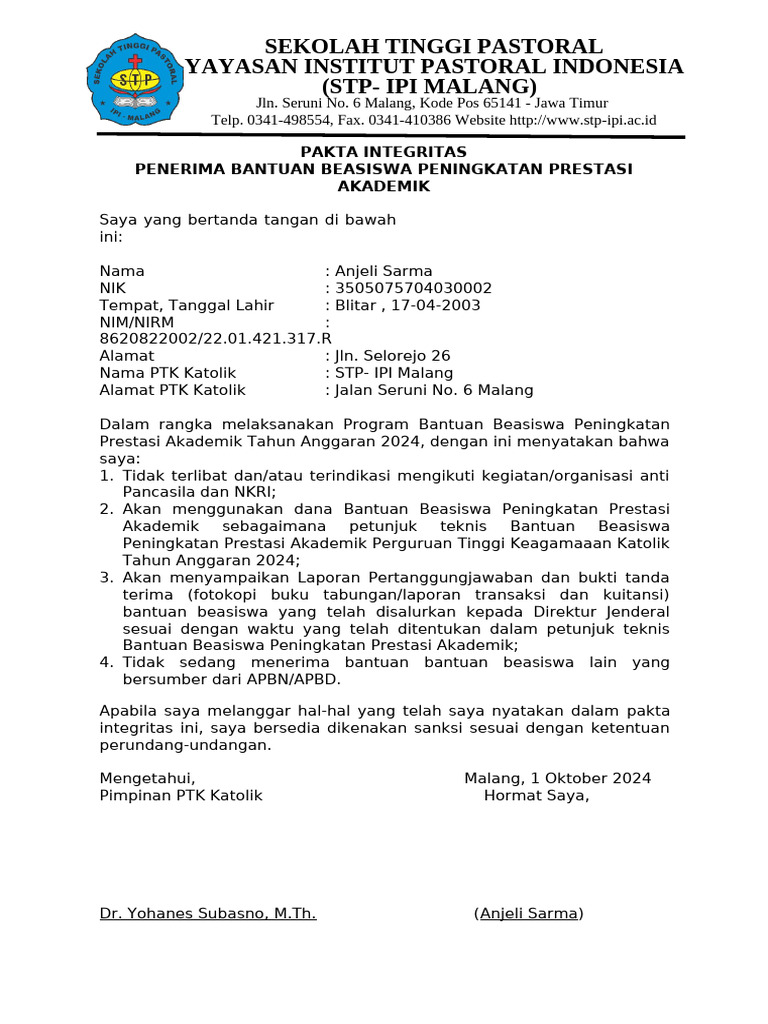 2. PAKTA INTEGRITAS untuk mahasiswa-2 | PDF