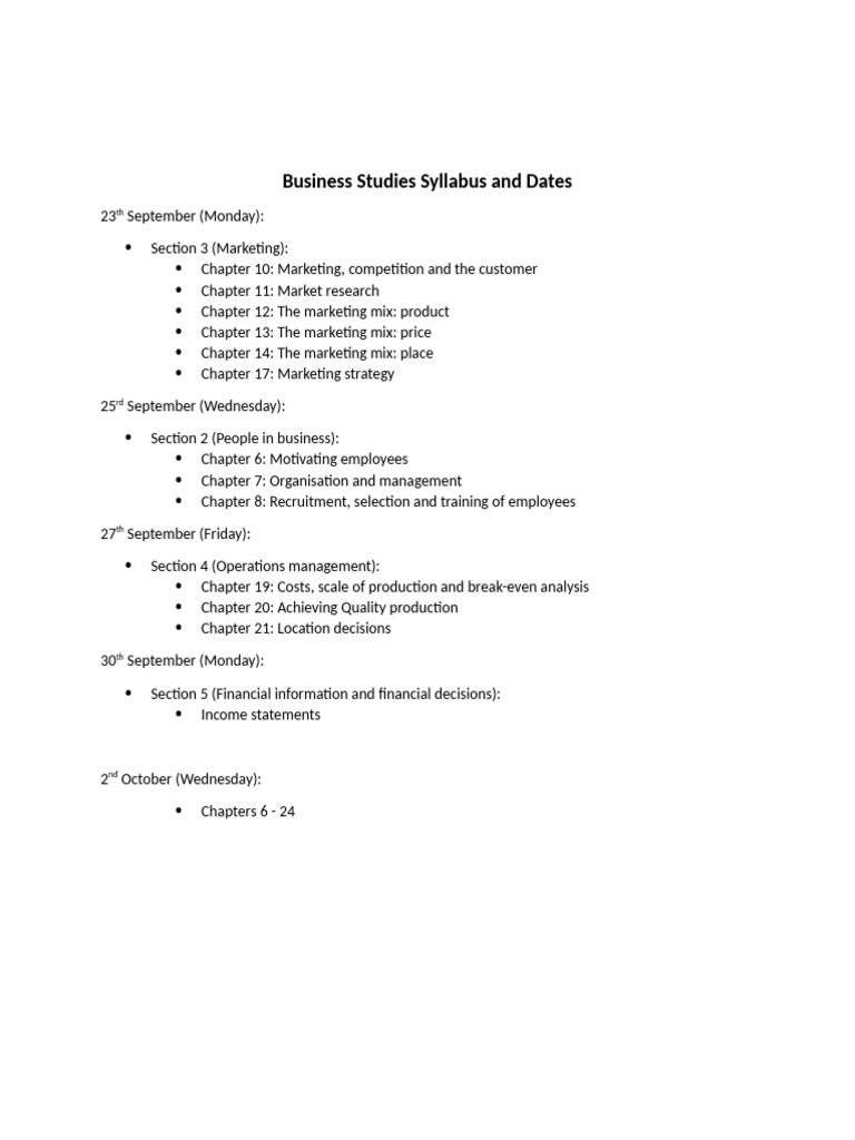 Business Studies Syllabus and Dates | PDF