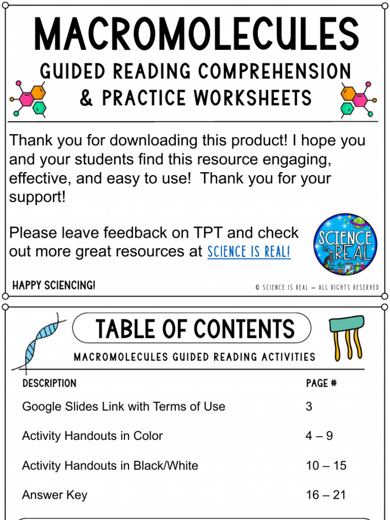 Guided Reading Comprehension & Practice Worksheets: Macromolecules | PDF