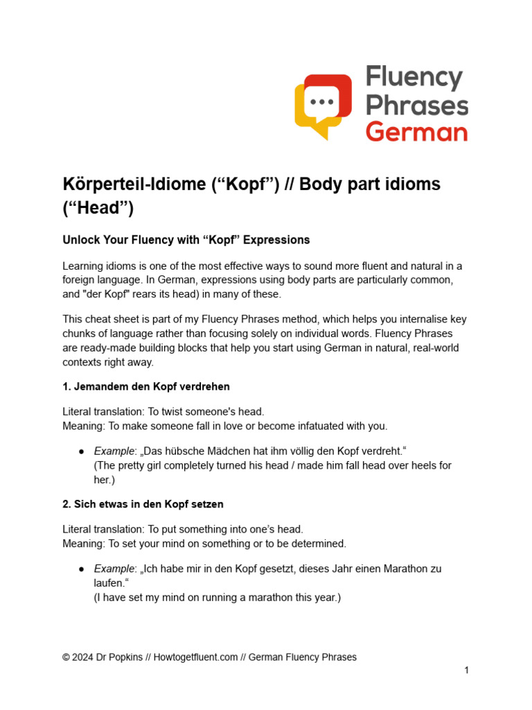 Body Part Idioms Kopf | PDF