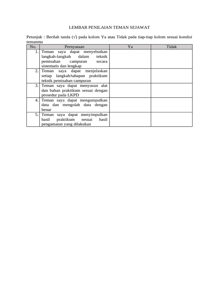 Lembar Penilaian Teman Sejawat | PDF