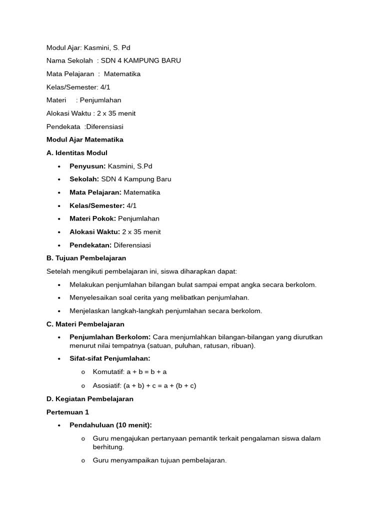 Modul Ajar MTK Kls 4 Penjumlahan | PDF