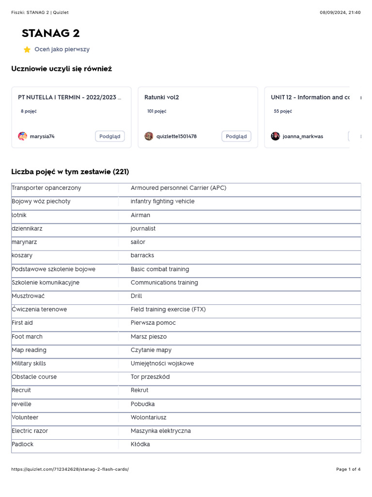 Fiszki: STANAG 2 - Quizlet | PDF