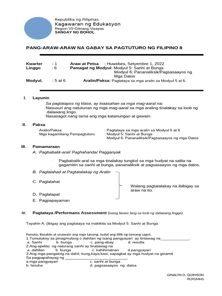 DAILY LESSON GUIDE SA FILIPINO 8 - Q1 - WK6 - Day4 | PDF