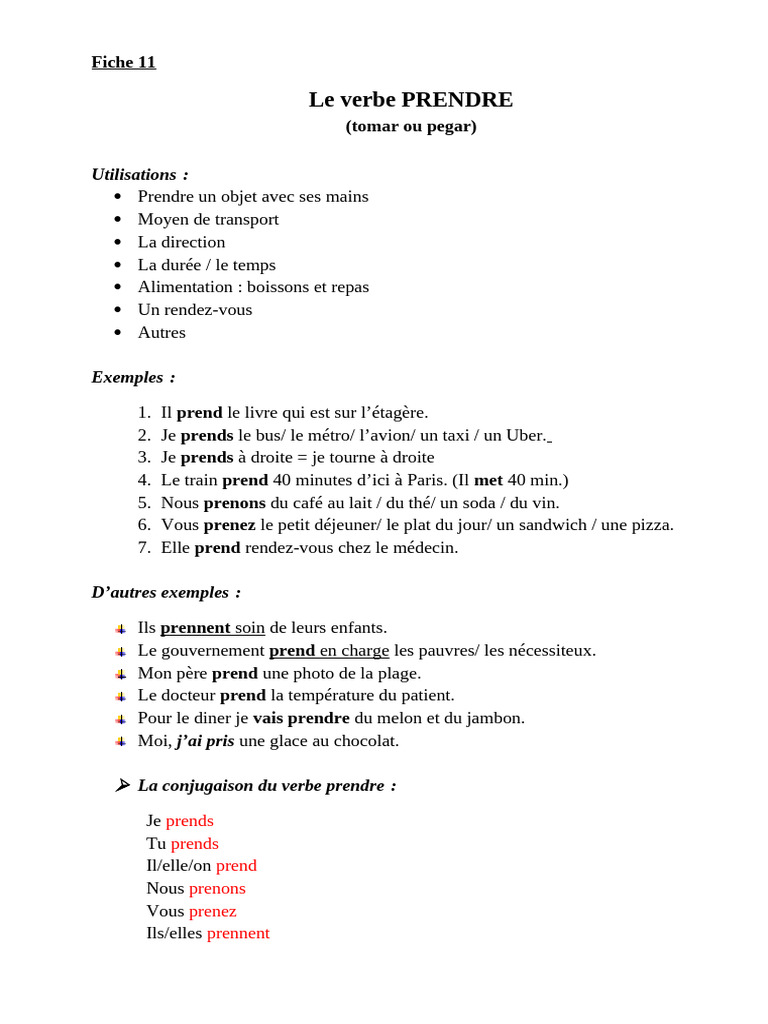 Fiche 11 verbe PRENDRE | PDF