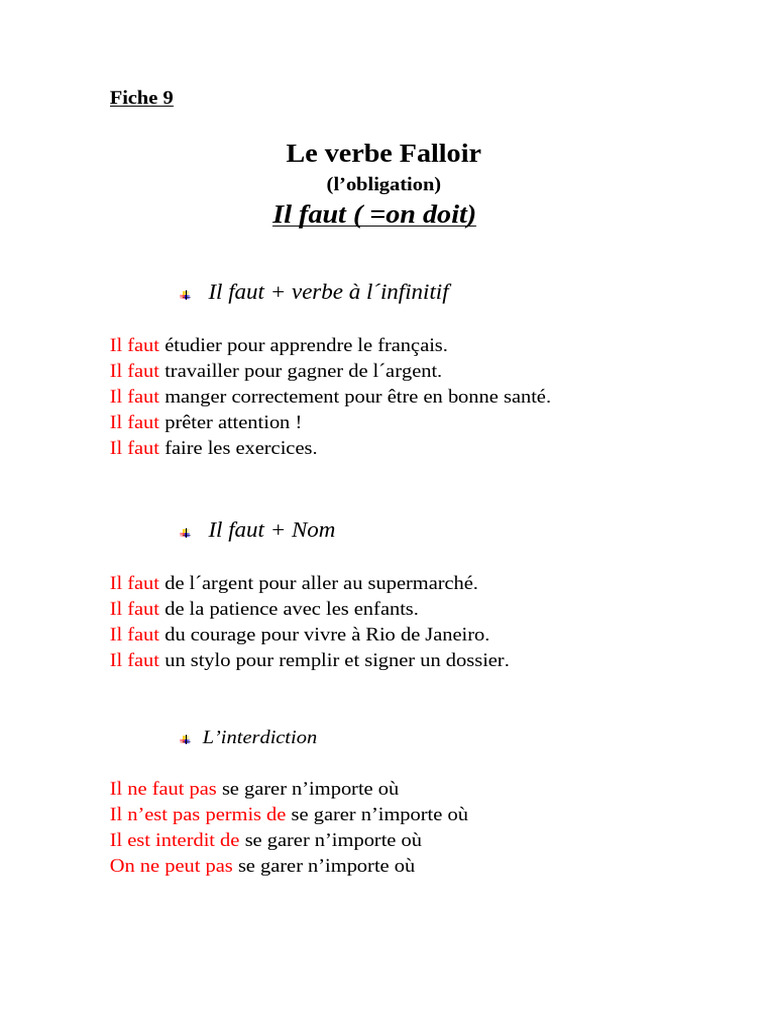 fiche 9 il faut | PDF