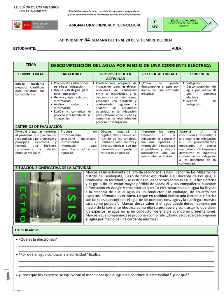 3°sec - UNIDAD 4 - ACTIVIDAD 4 (CyT Indaga 2024) - Descomposición Del Agua Por Medio de | PDF
