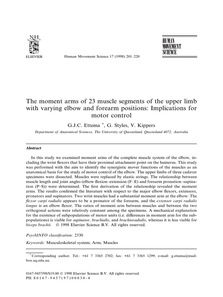 The Moment Arms of 23 Muscle Segments of The Upper Limb | PDF | Elbow ...