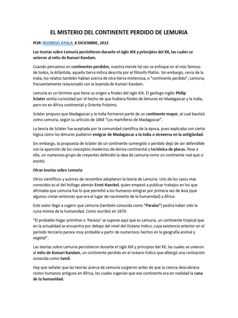 Lectura Actividad 2 El Misterio Del Continente Perdido de Lemuria | PDF