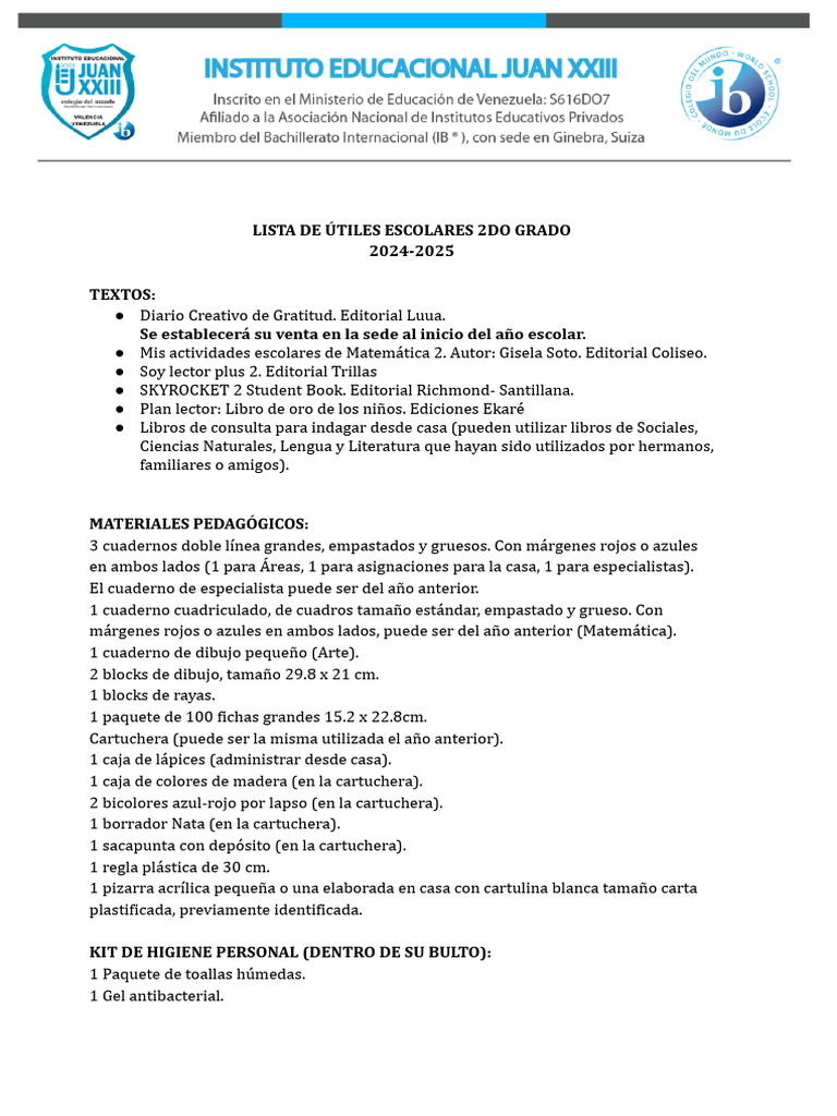 Lista de Utiles 2do Grado | PDF