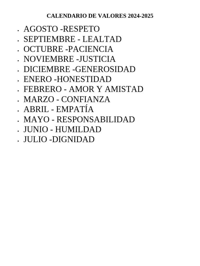 Calendario de Valores 2024 2025 | PDF