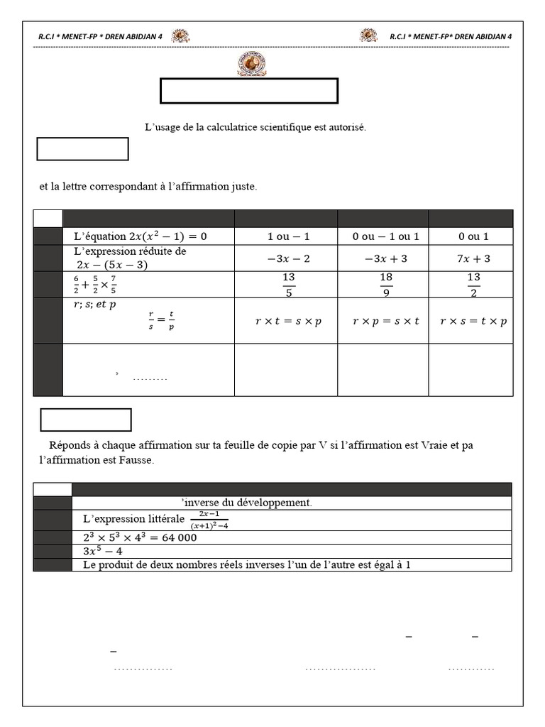 Devoir N1 Maths Pdf
